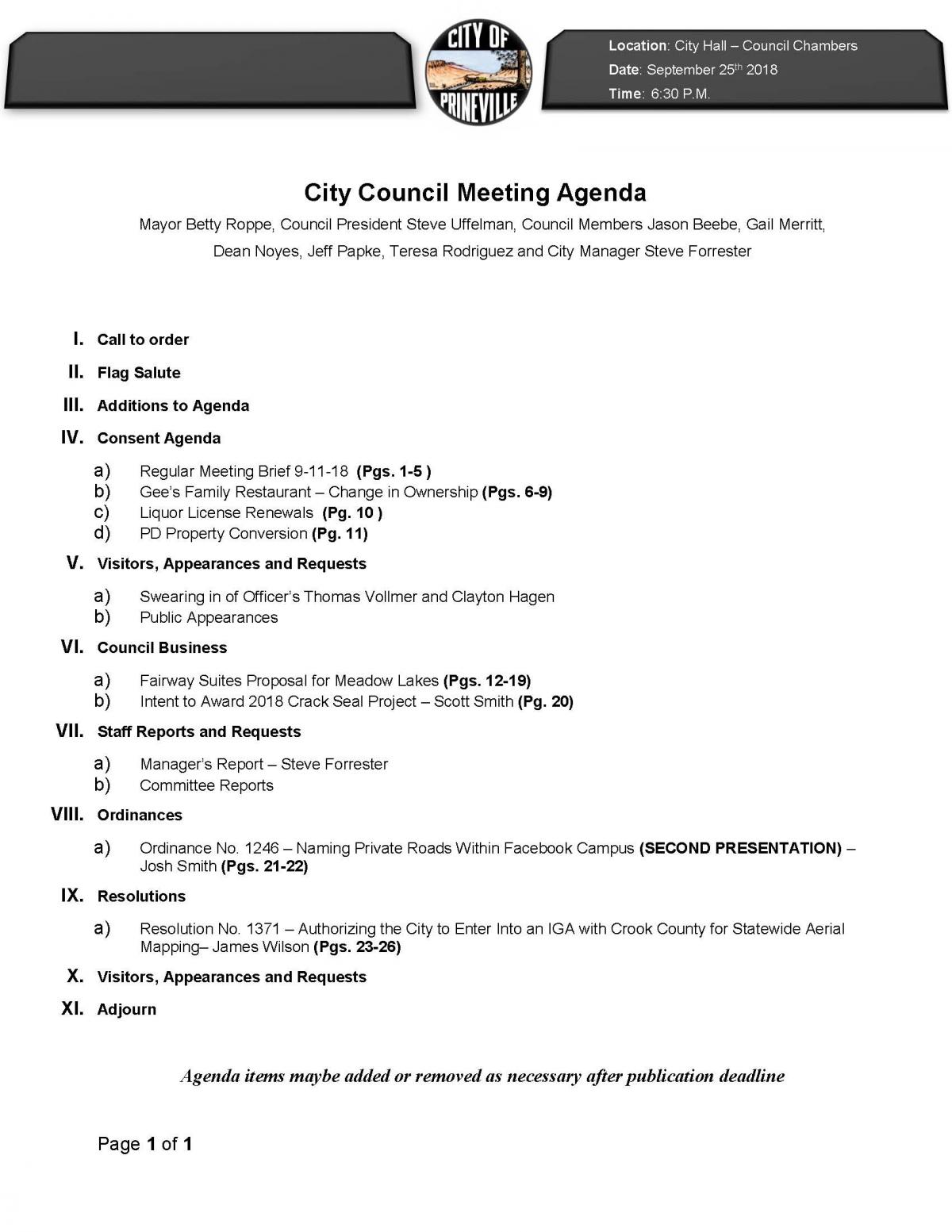 City Council Meeting 9-25-18 | City of Prineville Oregon
